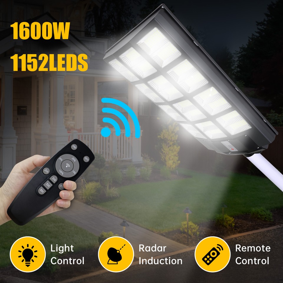 1600W LED Solar Street Light Dusk to Dawn Sensor Radar w/ Remote ...