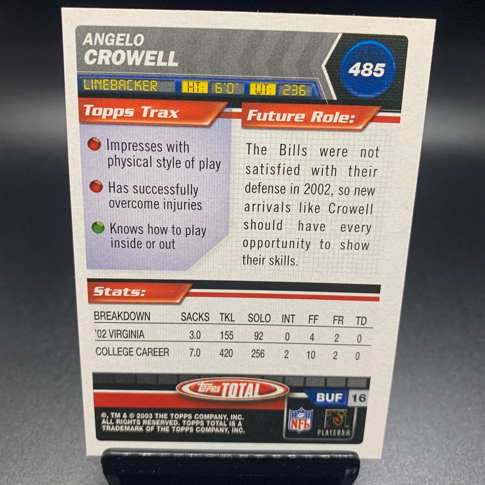 2003 Topps Total Football #485 Angelo Crowell Rookie RC Buffalo Bills ...