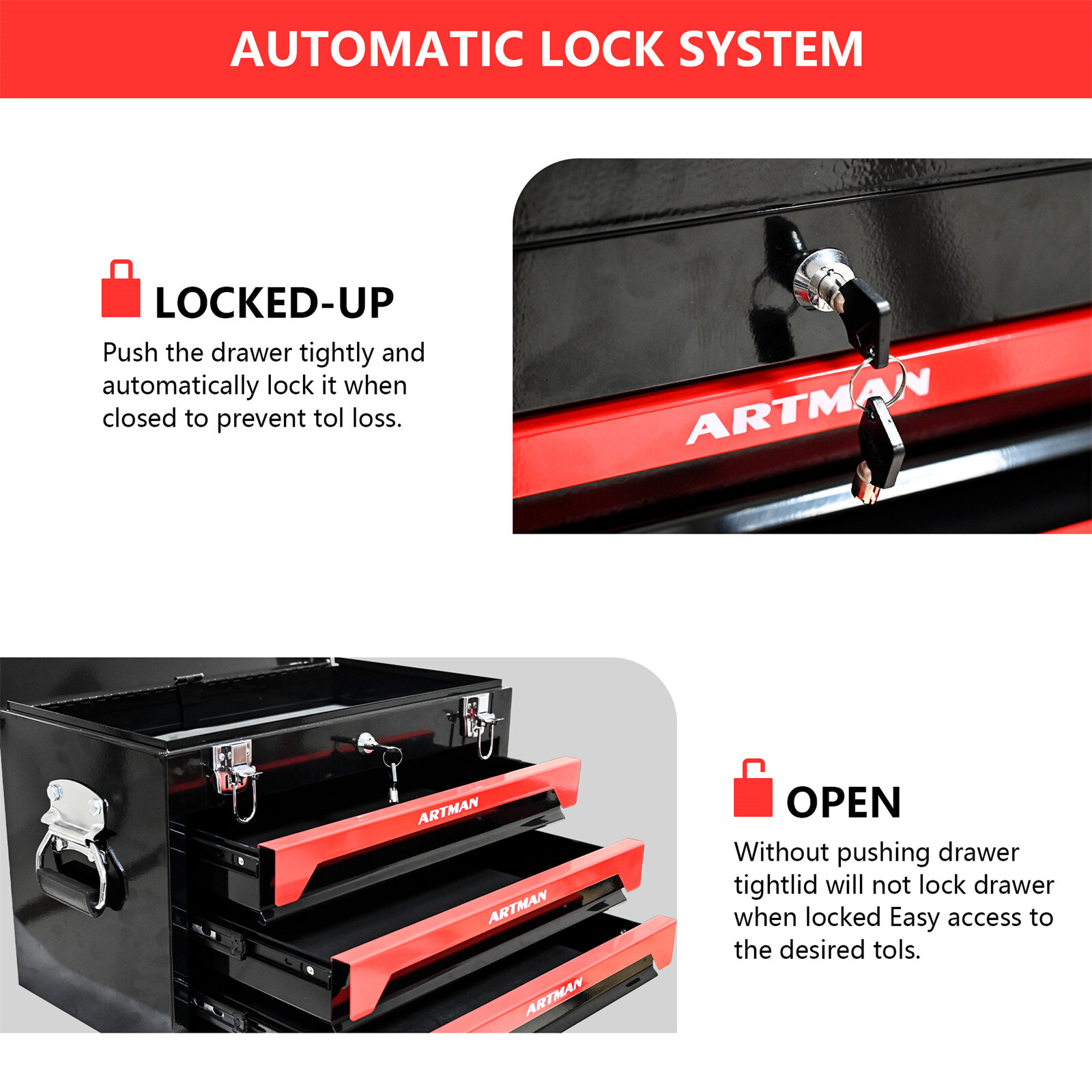 3 Drawers Tool Box Tool Chest Storage Cabinet Tool Cabinet With Key ...