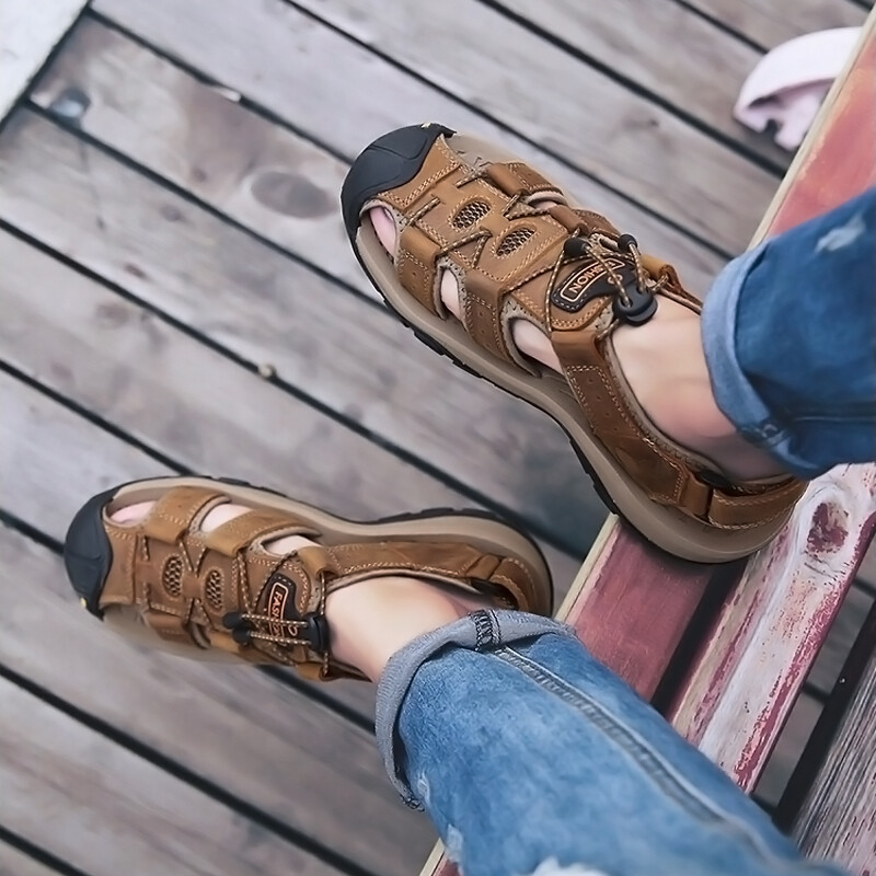 Men's Leather Sandals Closed Toe Beach Nonslip Summer Outdoor Sport ...