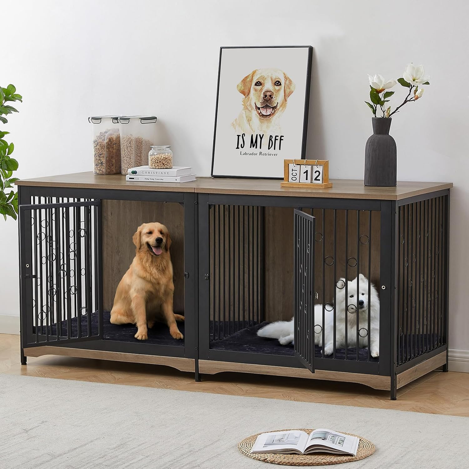 71'' Dog Crate Furniture for 2 Large Medium Dogs, XXL Wooden Indoor ...