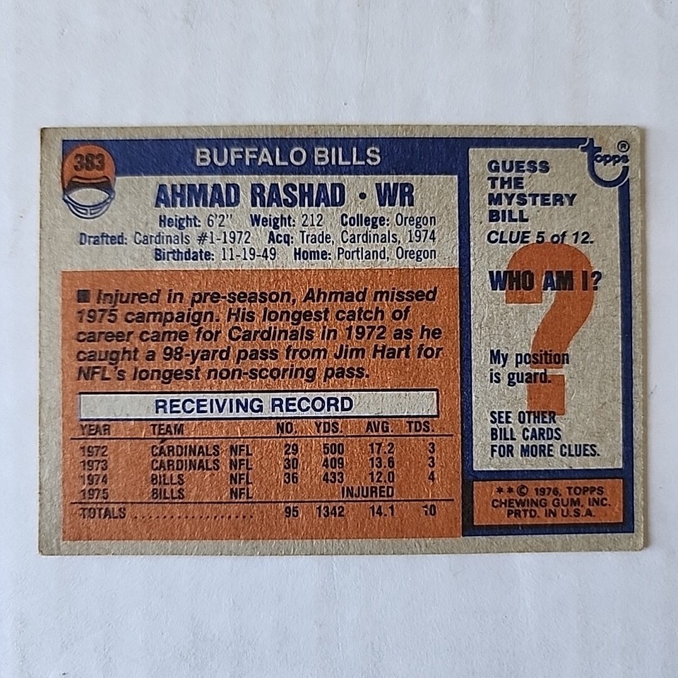 Ahmad Rashad #383 ~ 1976 Topps Football Card ~ Buffalo Bills | eBay