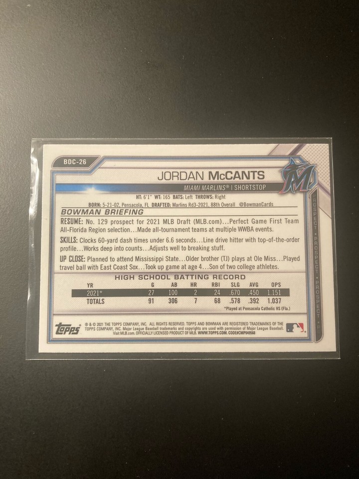 2021 Bowman Chrome Jordan McCants 1st Rookie Prospect RC #BDC-26 Miami ...