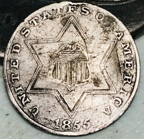 1855 Three Cent Silver Piece Trime 3c Type 2 Ungraded Key Date US Coin ...