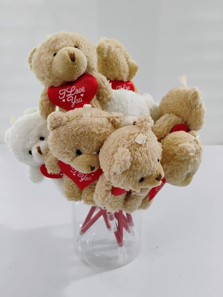 25 Novelty Teddy Bear Pens & Holder "I Love You" White & Tan Bears 6 ...