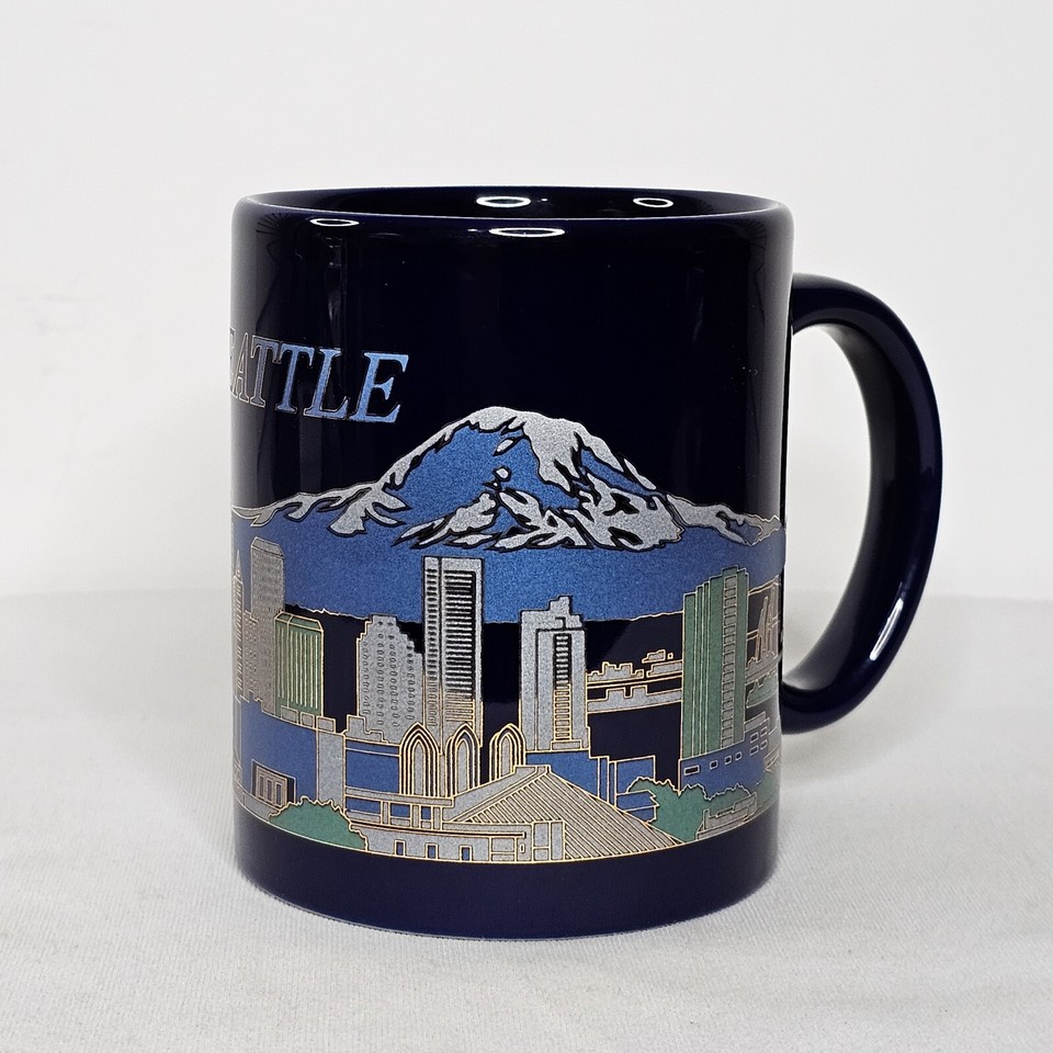 Seattle Coffee Mug Cup Space Needle City Skyline Mt. Rainier Blue ...