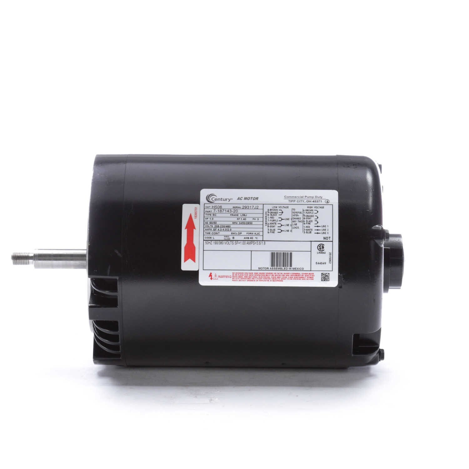 Century H506 Electric Motor 1 HP 3450 Rpm 3PH 208-230/460 Volt 56J ...
