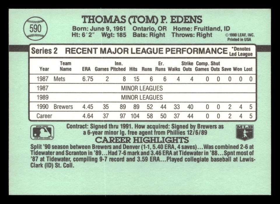 Tom Edens 1991 Donruss #590c Milwaukee Brewers BASEBALL - BUY3GET1FREE ...