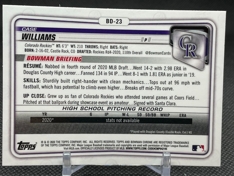 2020 Bowman Draft Case Williams 1st Chrome Baseball Card | eBay