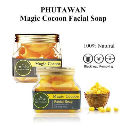 2 x PHUTAWAN Magic Cocoon Facial Soap Scrub Thai Gold Silk Ball Natural ...