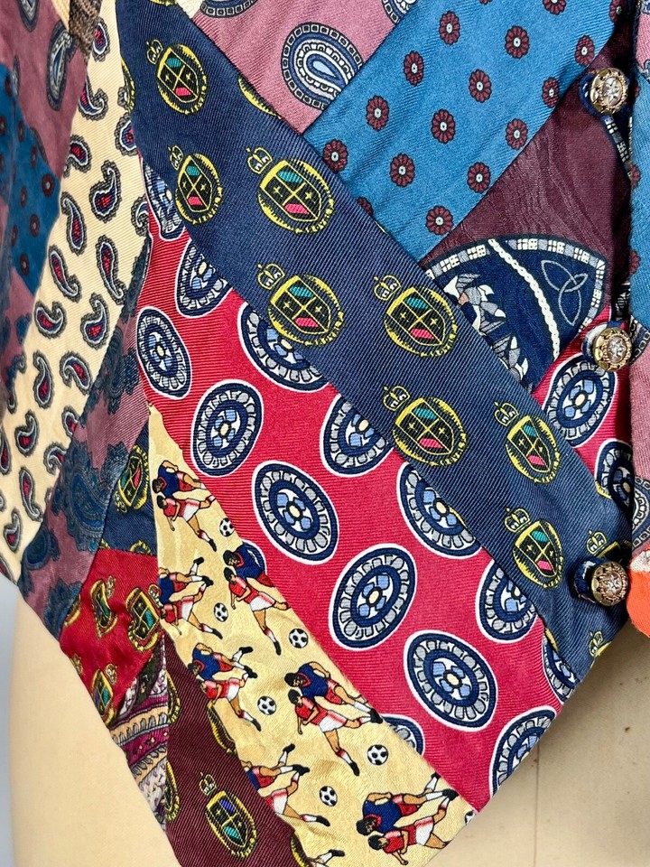 Vintage ONE-OF-A-KIND quilted silk neckties reversible Mens vest w ...