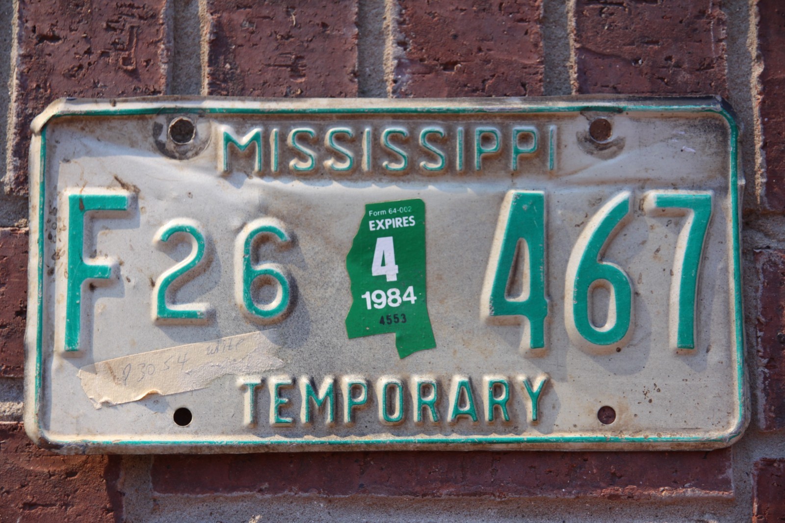 1984 MISSISSIPPI License Plate ** TEMPORARY ** '84 MS STATE SHAPE ...