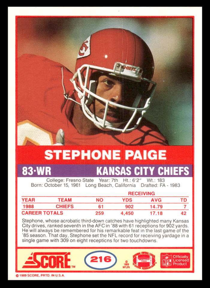 1989 Score Stephone Paige #216 Kansas City Chiefs NFL Football Base Set ...