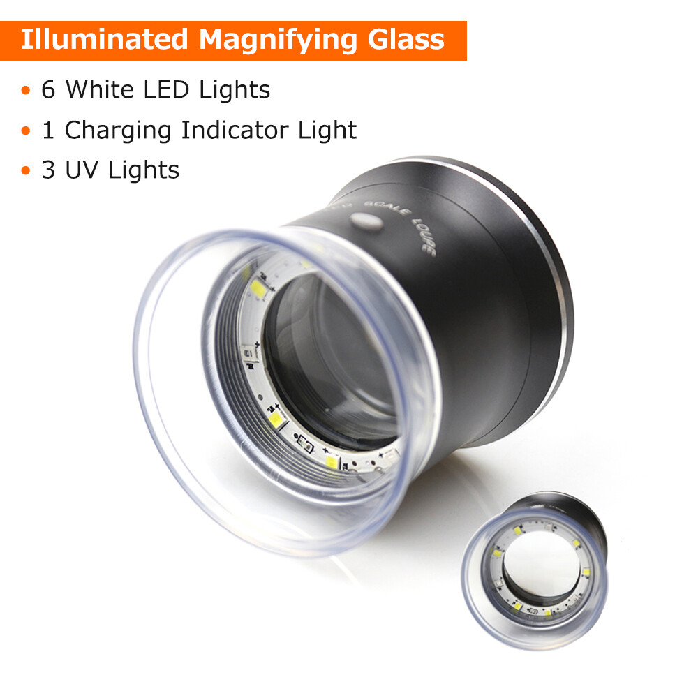 30X LED Scale Loupe Illuminated Magnifier UV Lights Optical Magnifying ...