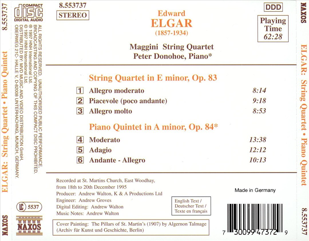MAGGINI QUARTET ELGAR: STRING QUARTET IN E MINOR; PIANO QUINTET IN A ...