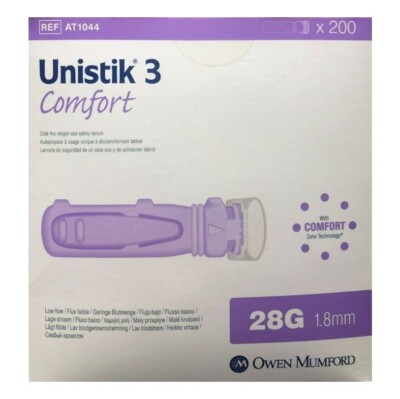 *200-Pieces* Owen Mumford Unistik 3 Comfort 28g x 1.8mm Lancet Purple ...