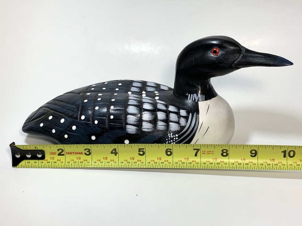 Hand Painted Artisan Carved Solid Wood Body Loon Decoy Red Glass Eyes ...