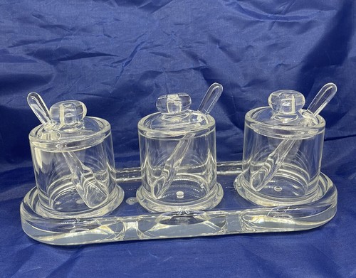 Condiment Set 3 clear acrylic Covered Jars Spoons Tray Vintage 1992 ...