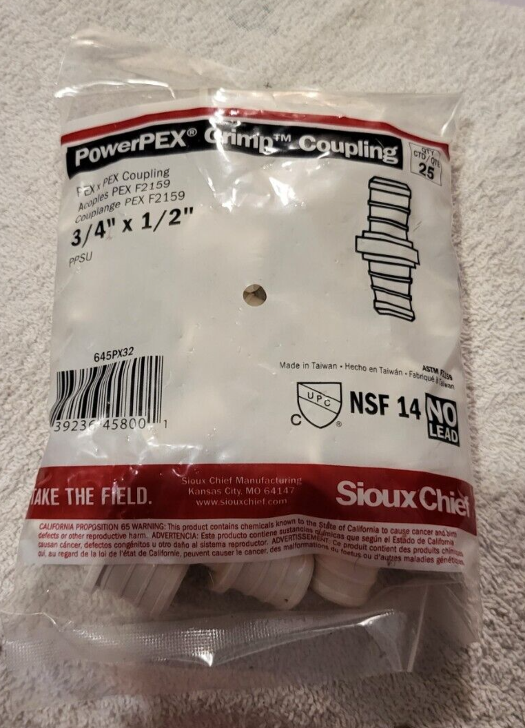 SIOUX CHIEF 645PX32 3/4" x 1/2" PowerPex Crimp Coupling F2159, Qty 25 ...