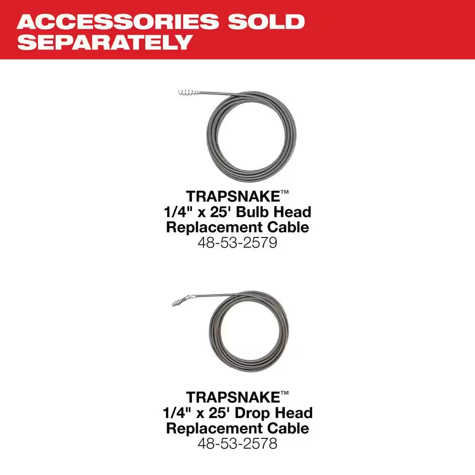 NEW Replacement Cable Drop Head Cable 1/4in x 25ft TRAPSNAKE Drum Auger ...