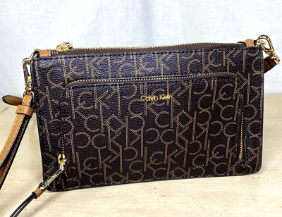 Calvin Klein Purse Brown Small Crossbody Convertible Wristlet Bag CK | eBay
