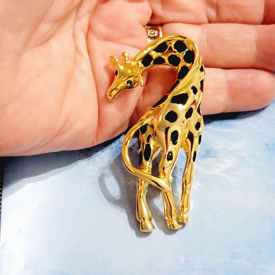 Vintage Gold-tone Large Giraffe Brooch Pin, 2.75", Rhinestone Enamel ...