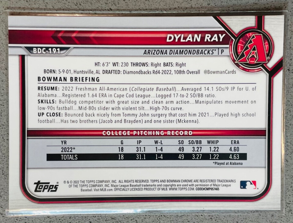 2022 Bowman Chrome 1st Draft Sapphire Prospects Baseball #BDC-191 Dylan ...