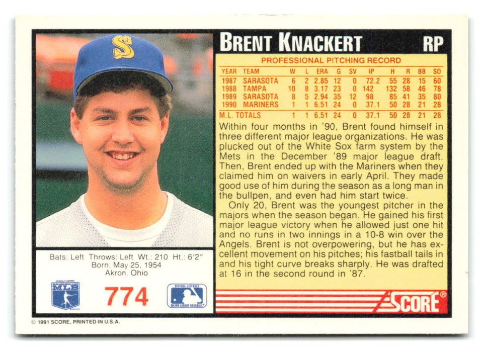 1991 Score Brent Knackert #774 Seattle Mariners BASEBALL Card | eBay