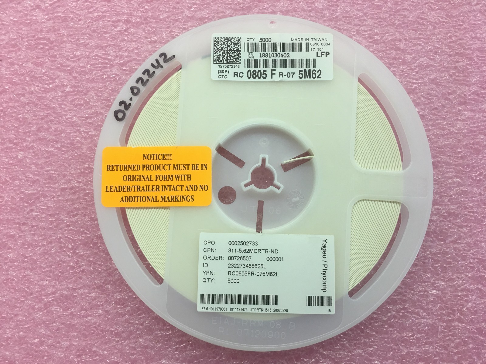 (5,000 PIECE REEL) RC0805FR-075M62L, YAGEO, RES SMD 5.62M OHM 1% 1/8W ...