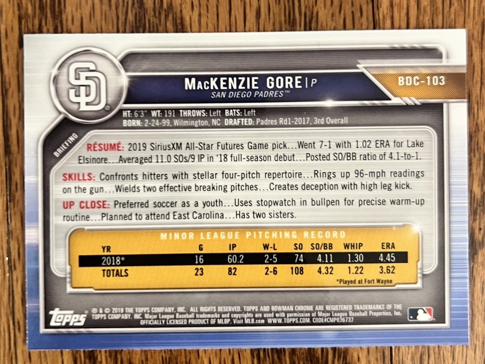 2019 Bowman Draft Sapphire Edition #BDC-103 MacKenzie Gore | eBay UK