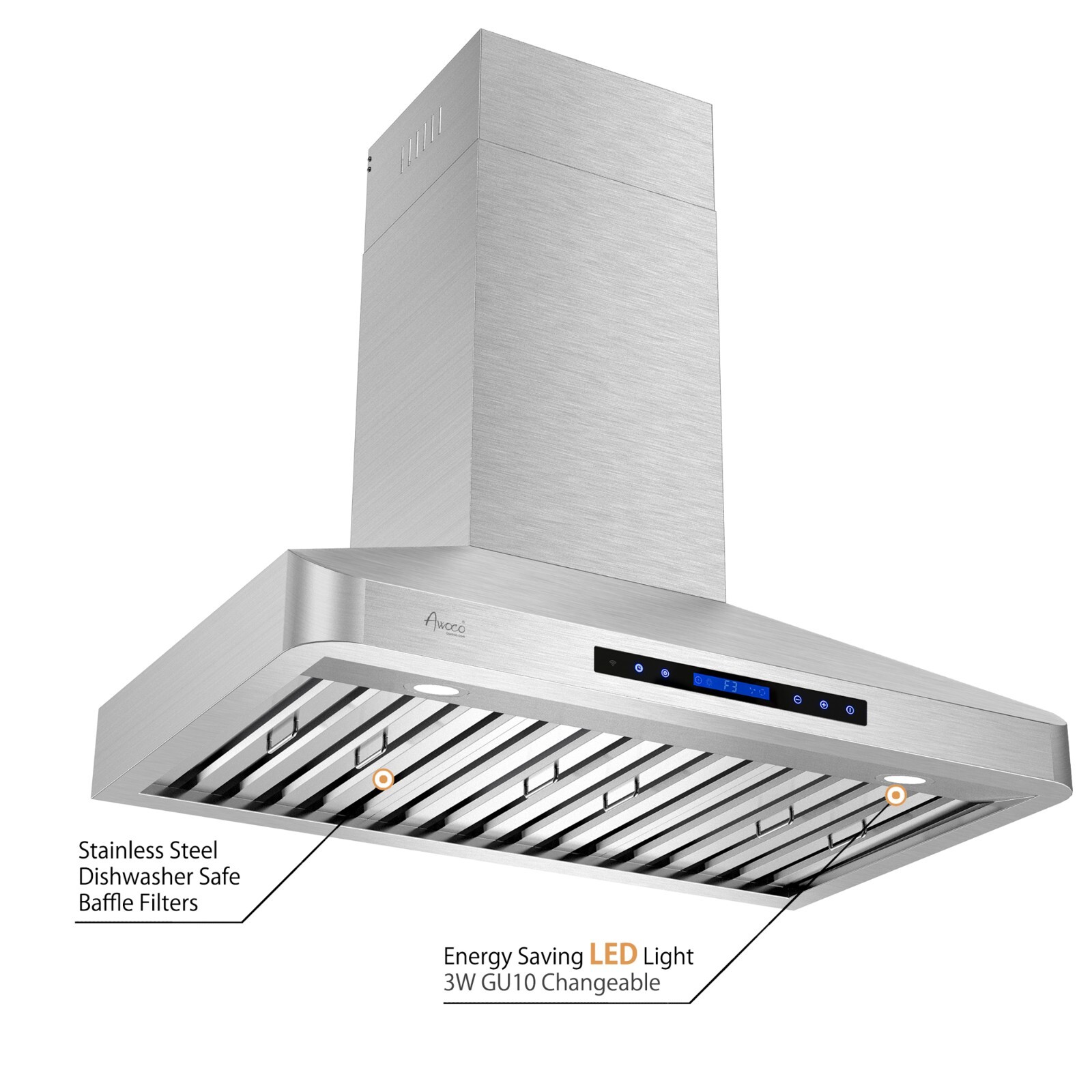 Awoco RH-WT Wall Mount S/S Range Hood, 4 Speeds, 6” Round Top Vent, 900 ...
