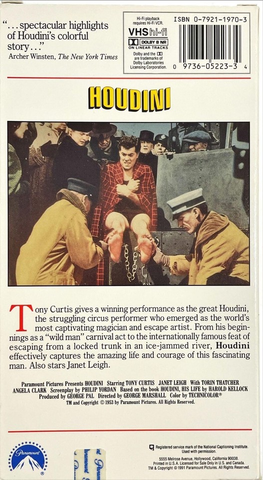 Houdini ( VHS , 1991 ) Starring Tony Curtis & Janet Leigh | eBay