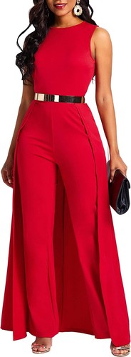 VERWIN Patchwork Overlay Embellished Plain Women's Jumpsuit High-Waist ...