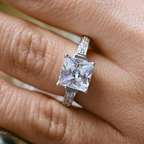 3CT Lab Created Princess Cut Diamond Engagement Wedding Ring 14K White ...