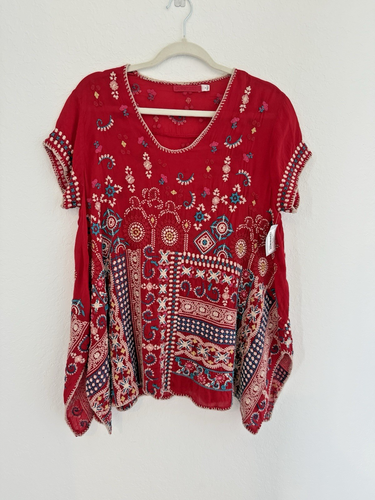 NWT Johnny Was Red Top Blouse Tunic Linen Embroidery Size S MSRP $300 ...
