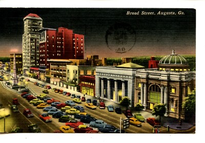 Aerial Night View-Broad Street Scene-Augusta-Georgia-Vintage 1958 Linen ...