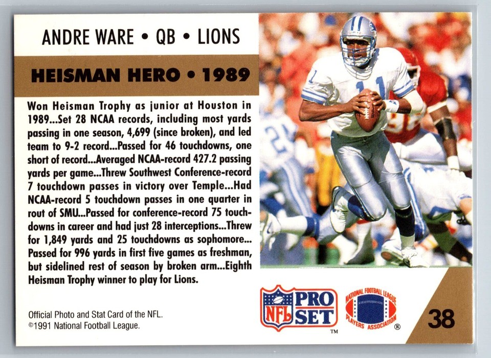 1991 Pro Set Andre Ware Rookie Heisman Hero Detroit Lions RC #38 | eBay