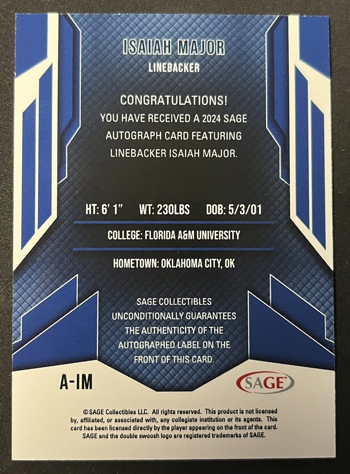 Isaiah Major 2024 SAGE Black Parallel Auto #A-IM Florida A&M | eBay