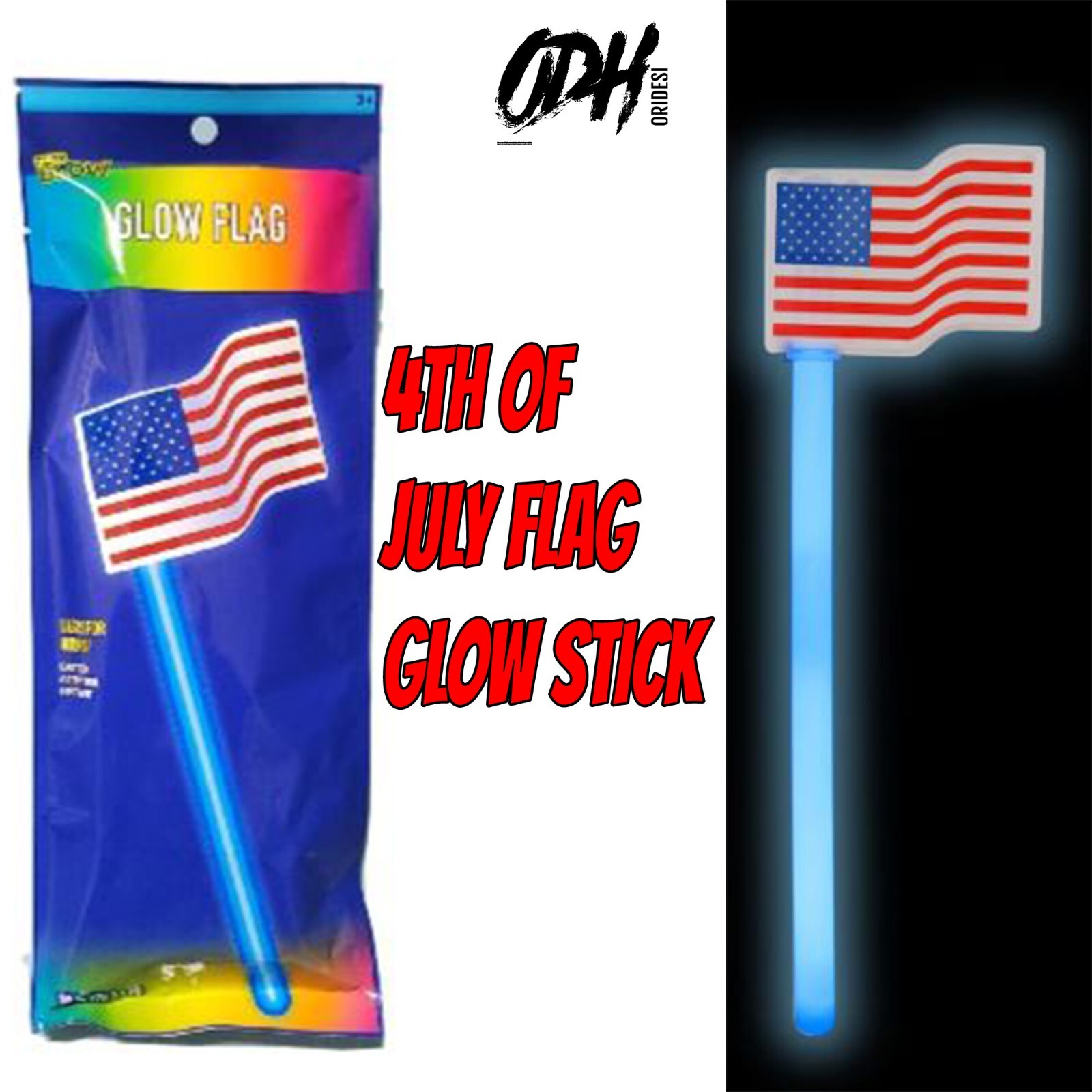 American Flag Glow Stick w Plastic Flags, 10 in. Patriotic USA 4th of ...