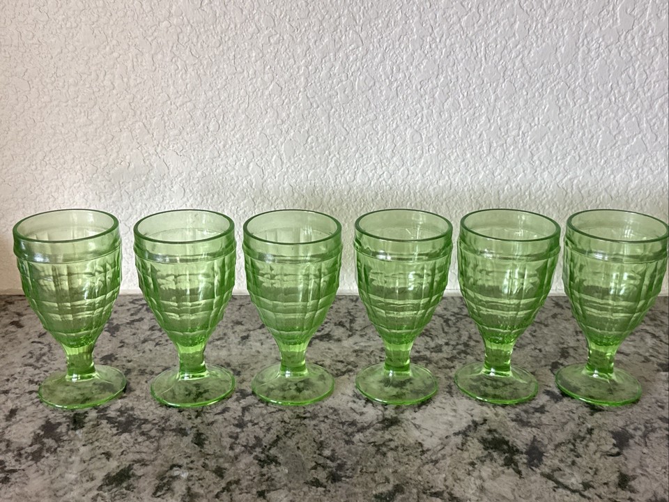 Set of 6 Hazel Atlas Colonial Block Optic Uranium Green Glass Water ...
