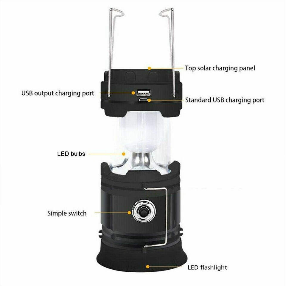 USB Solar Portable Rechargeable LED Camping Lantern Flashlight Lamp ...