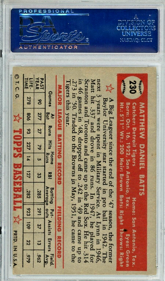 1952 Topps Matt Batts baseball card, PSA graded VG-EX 4, #230 in the ...