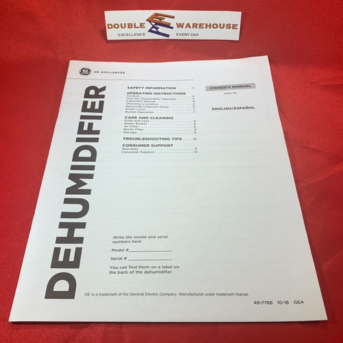 GE Dehumidifier APEL70 Owner's Manual 49-7766 MANUAL ONLY | eBay