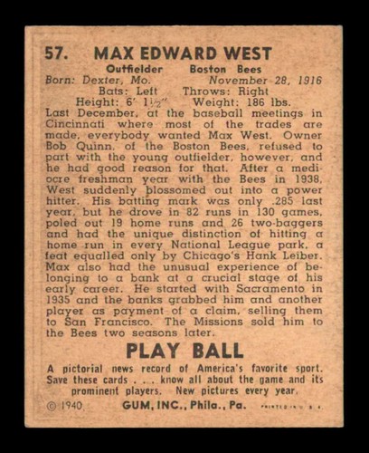 1940 Play Ball #57 Max West EXMT X3283283 | eBay