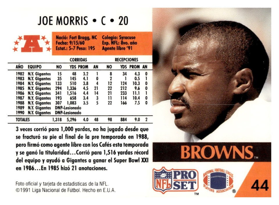 JOE MORRIS 1991 Pro Set Spanish #44 Cleveland Browns | eBay