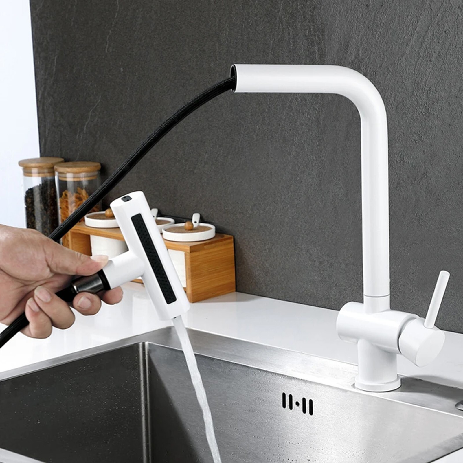 White Kitchen Taps Pull out Spray Head Sink Mixer Tap Single Lever ...