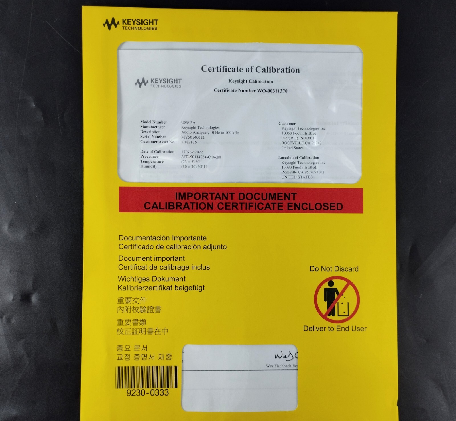 U8903A [manufacturer Calibration Certificate] audio analyzer Keysight ...