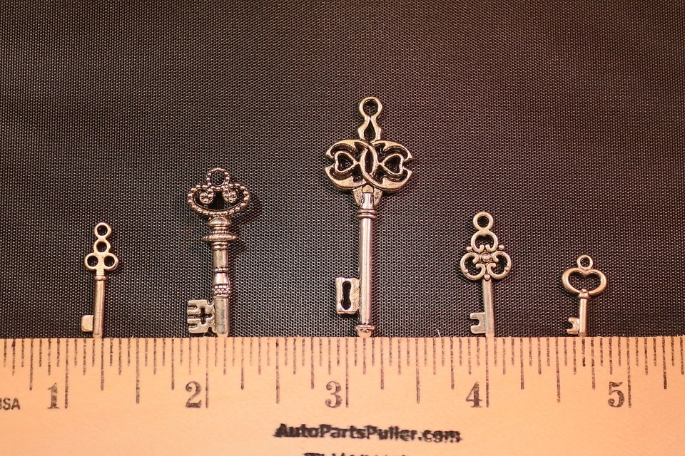 5 Pc Lot Antiqued Silver Alloy Skeleton Key Charm Necklace Bracelet ...