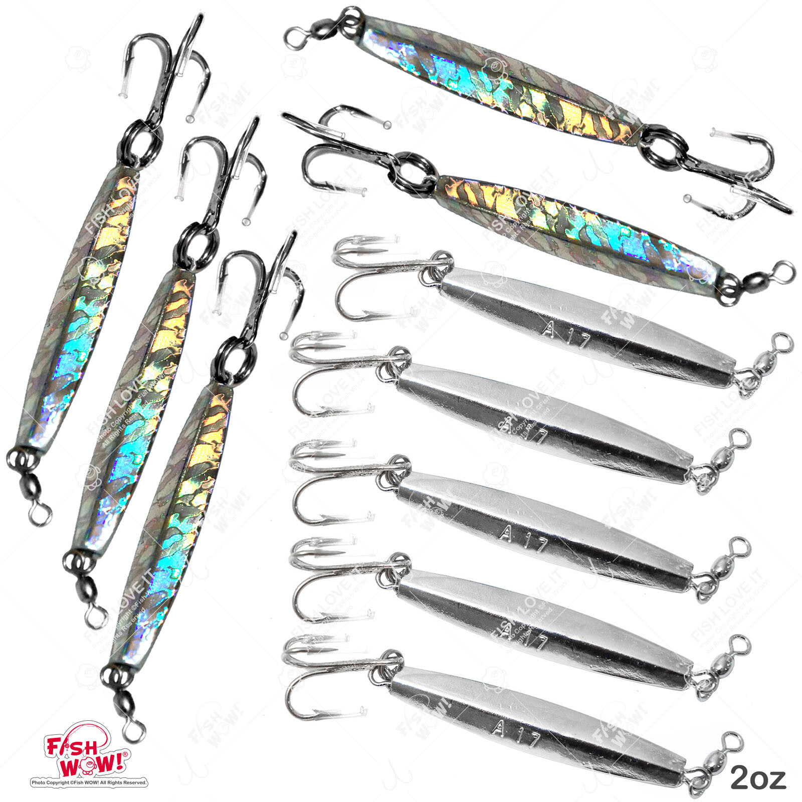 10pcs 2oz Diamond Jig Chrome + Mylar Holographic Laser jigs w/ a Treble ...