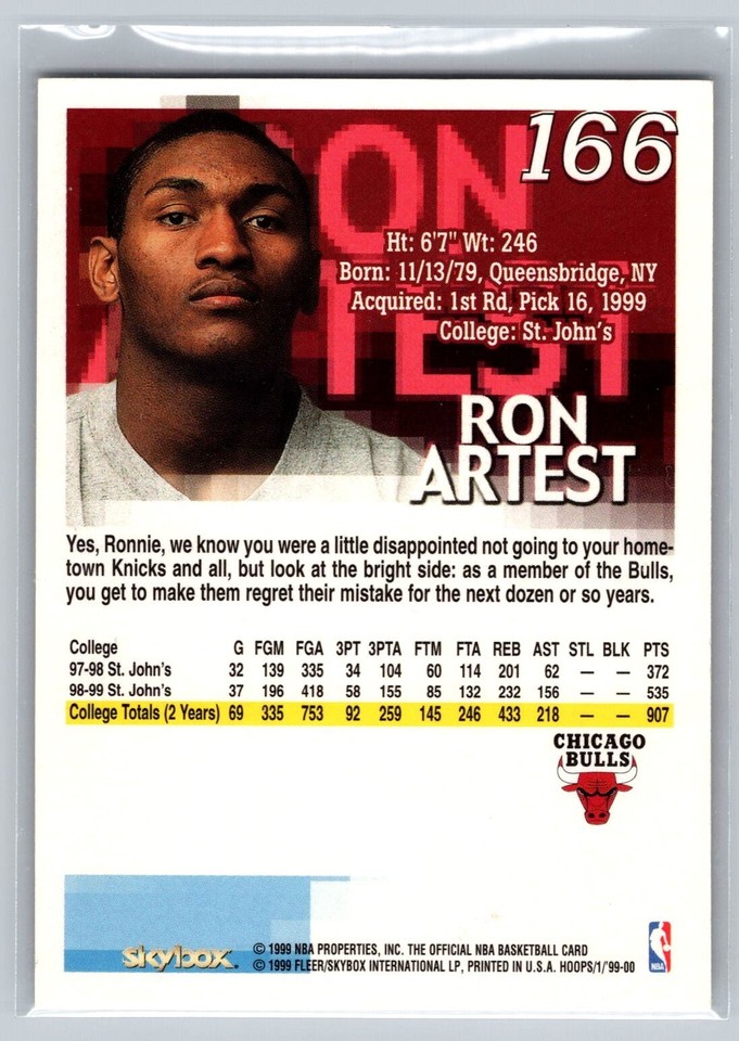 1999-00 Skybox Hoops Ron Artest Rookie Card #166 | eBay